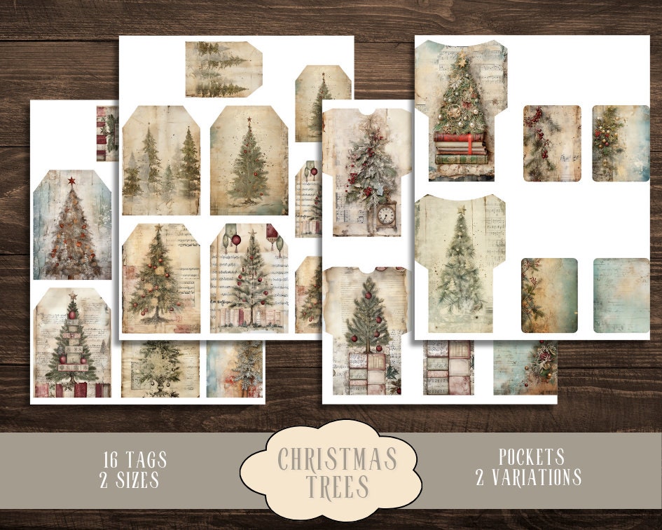 Christmas Tree Junk Journal Tags and Pockets. Digital Paper of Vintage ...