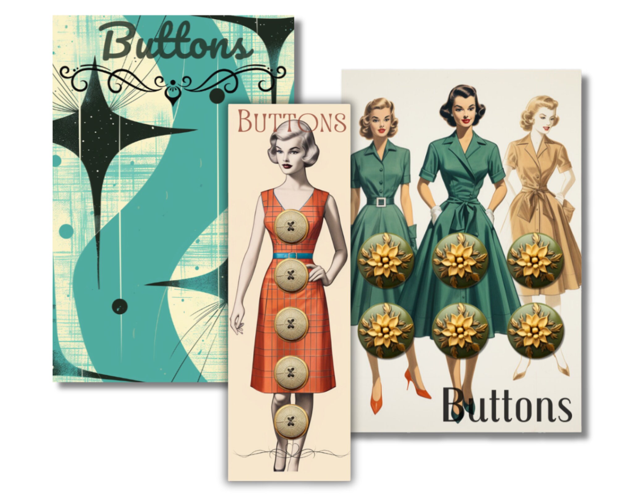 Mid Century Button Cards Junk Journal Ephemera. Digital Paper of ...