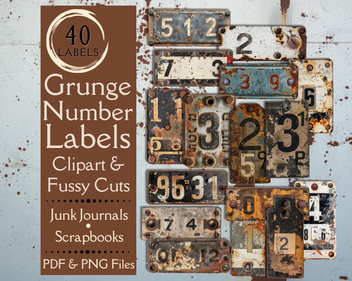 Grunge Number Junk Journal Labels. Digital Paper of Primitive Rust ...