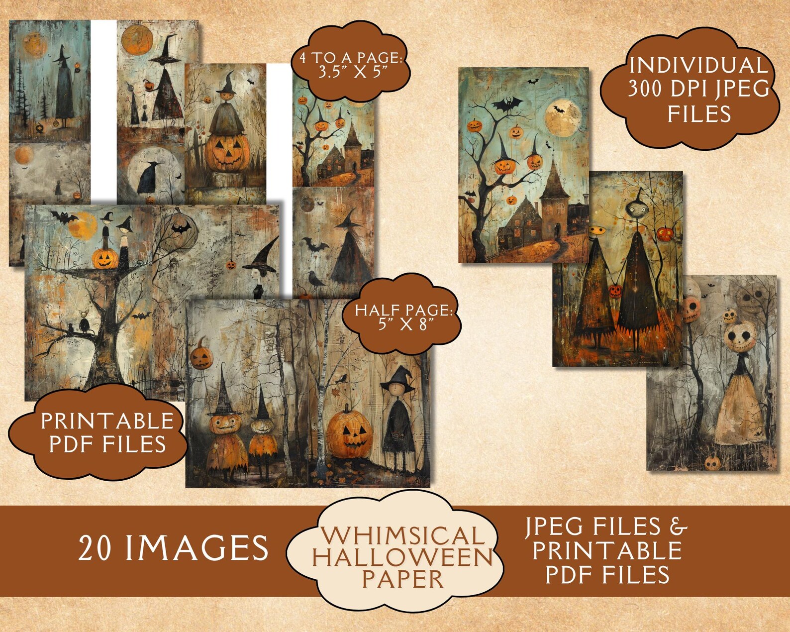 Whimsical Halloween Junk Journal Paper. Digital Paper of Pumpkins ...