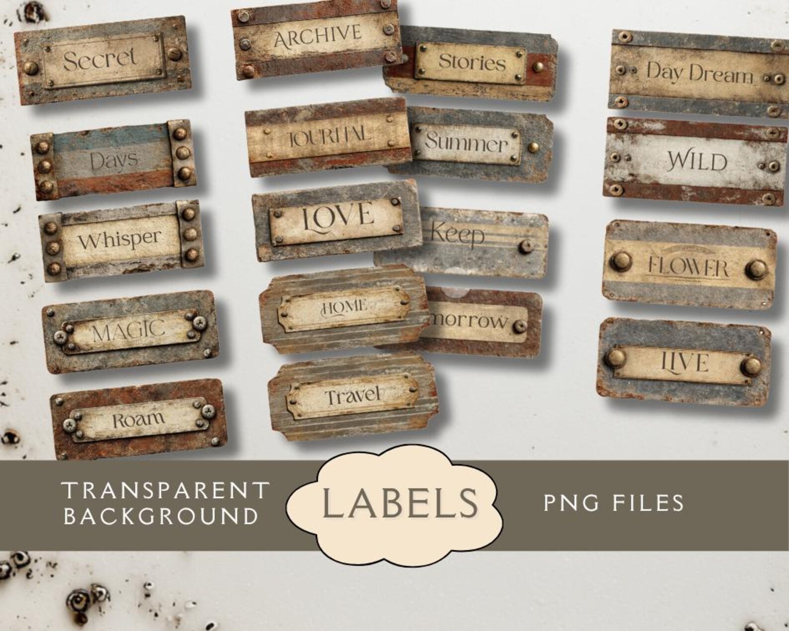 Vintage Grunge Junk Journal Labels. Digital Paper of Industrial Word ...