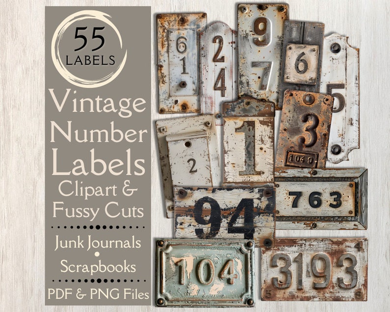 Vintage Grunge Number Junk Journal Labels. Digital Paper of Vintage ...