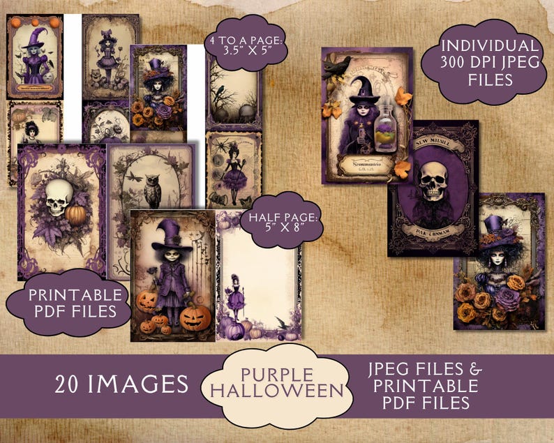 Vintage Halloween Junk Journal Digital Paper. Purple Digital Paper With ...