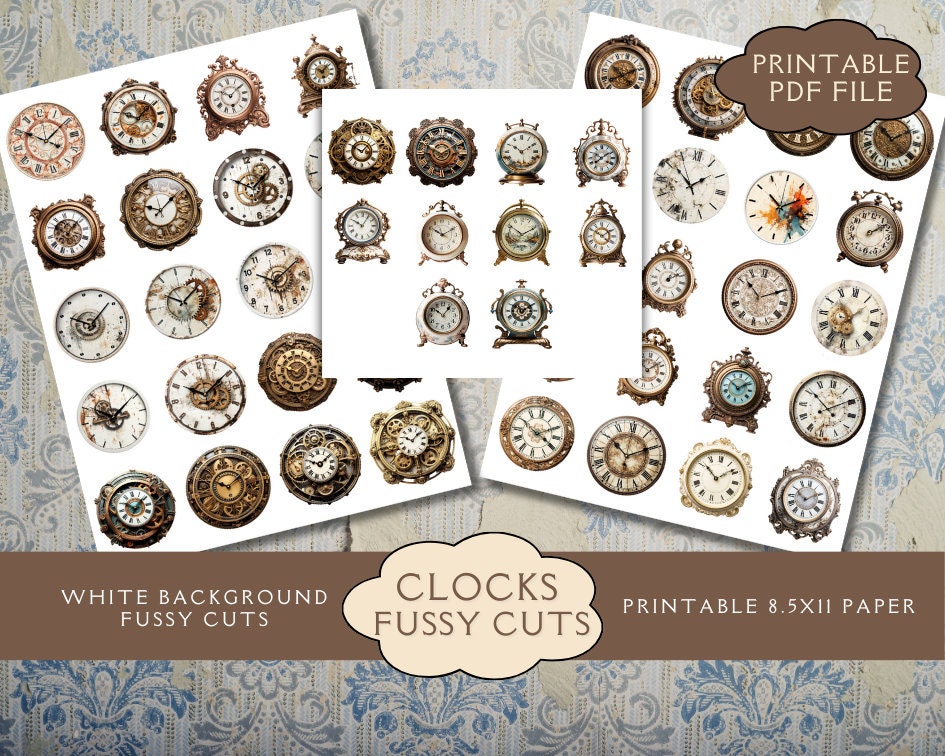 Vintage Clocks Fussy Cuts for Junk Journals. Digital Paper of Steampunk Clocks, Industrial ...