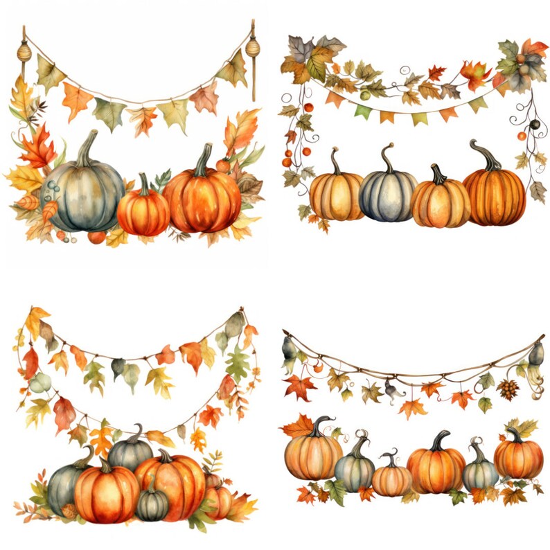 Watercolor Fall Banner Bunting. Digital Paper for Cards - Etsy