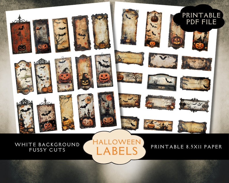 Vintage Grunge Halloween Labels Clipart for Junk Journals. Digital ...