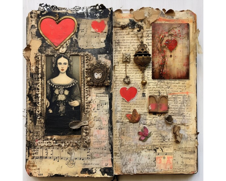 Primitive Heart ATC Cards Junk Journal Paper. Digital Paper of Folk Art ...