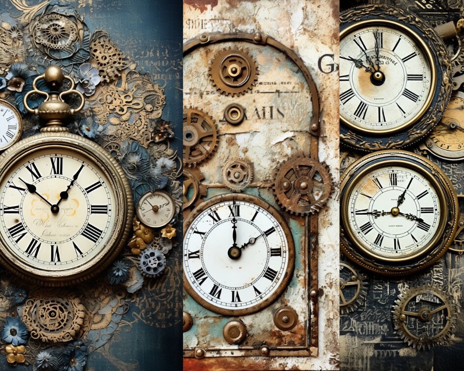 Steampunk Clock ATC Cards Junk Journal Paper. Digital Paper of Vintage ...