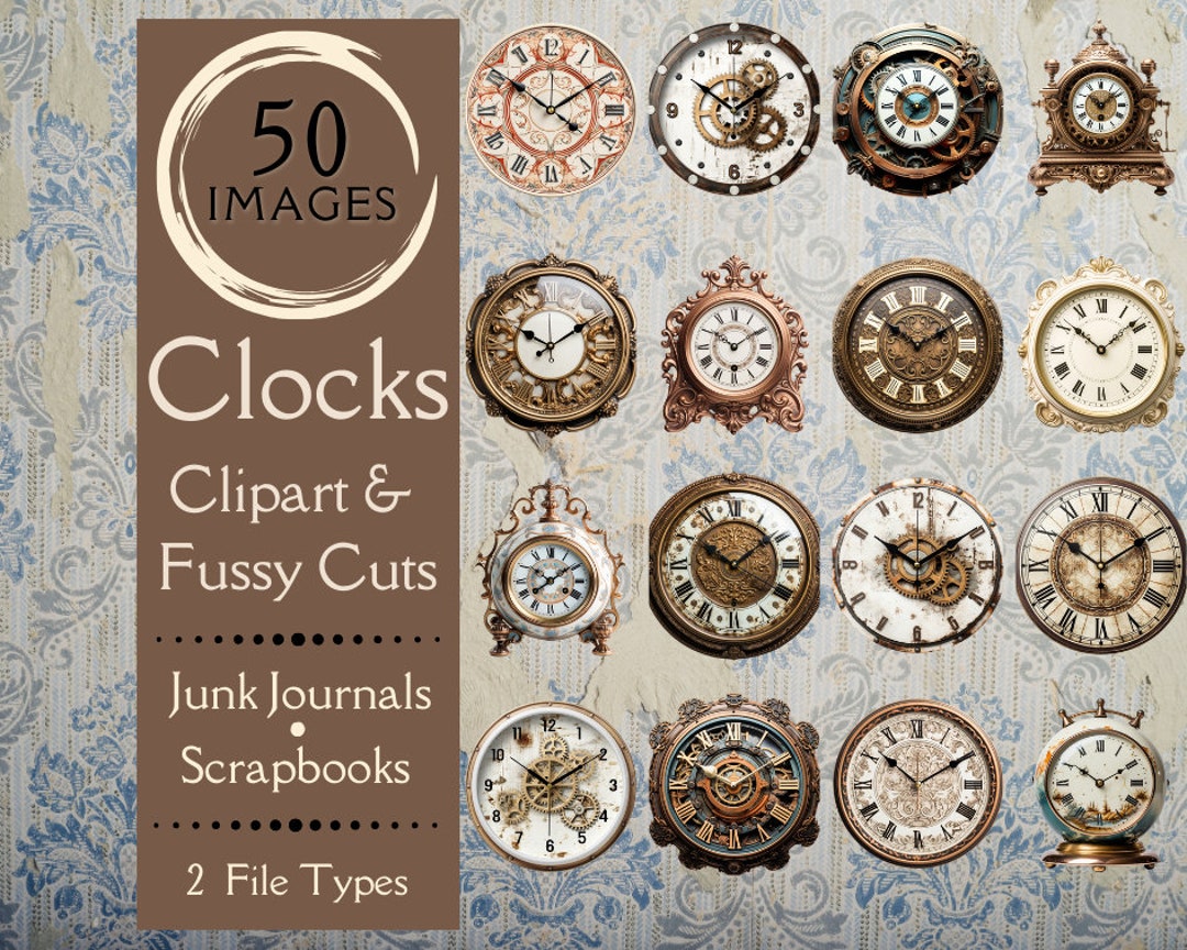 Vintage Clocks Fussy Cuts for Junk Journals. Digital Paper of Steampunk Clocks, Industrial ...