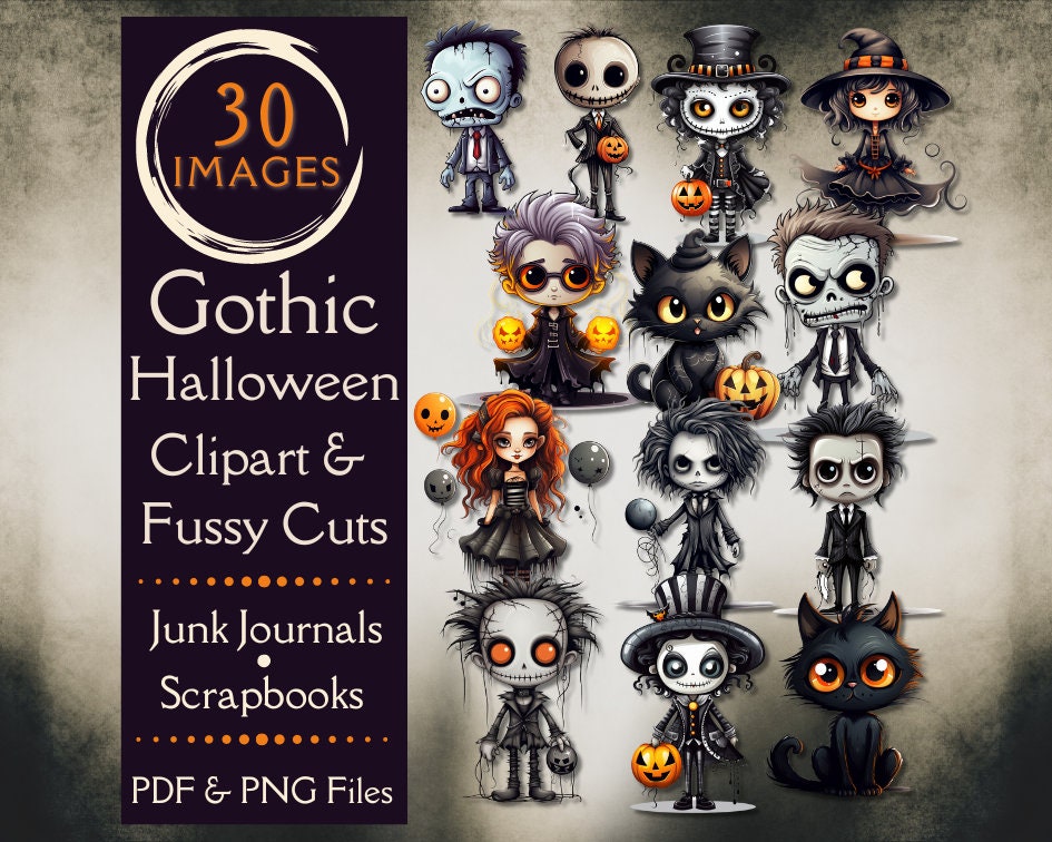 Gothic Halloween Character Clipart. Digital Paper of Gothic Fussy Cuts ...