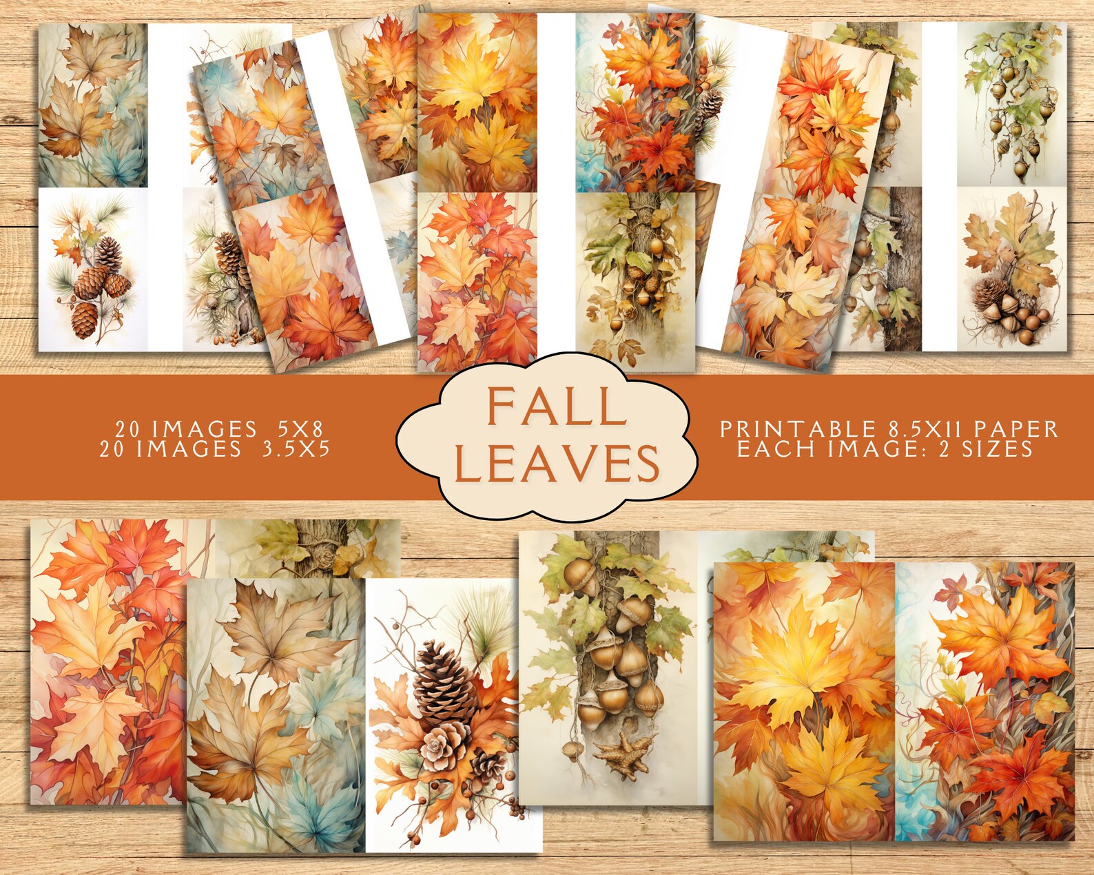 Fall Leaves Junk Journal Paper. Digital Paper of Orange Leaves, Acorns ...