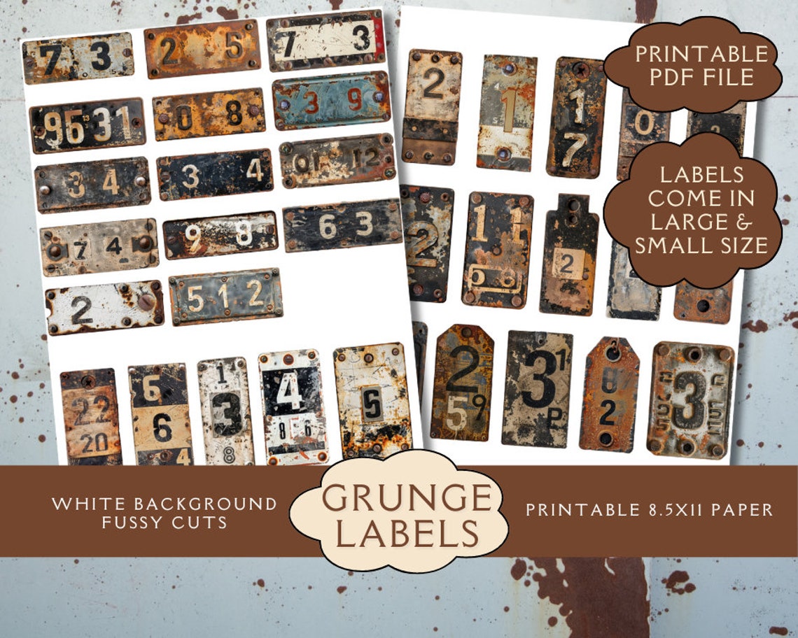 Grunge Number Junk Journal Labels. Digital Paper of Primitive Rust ...