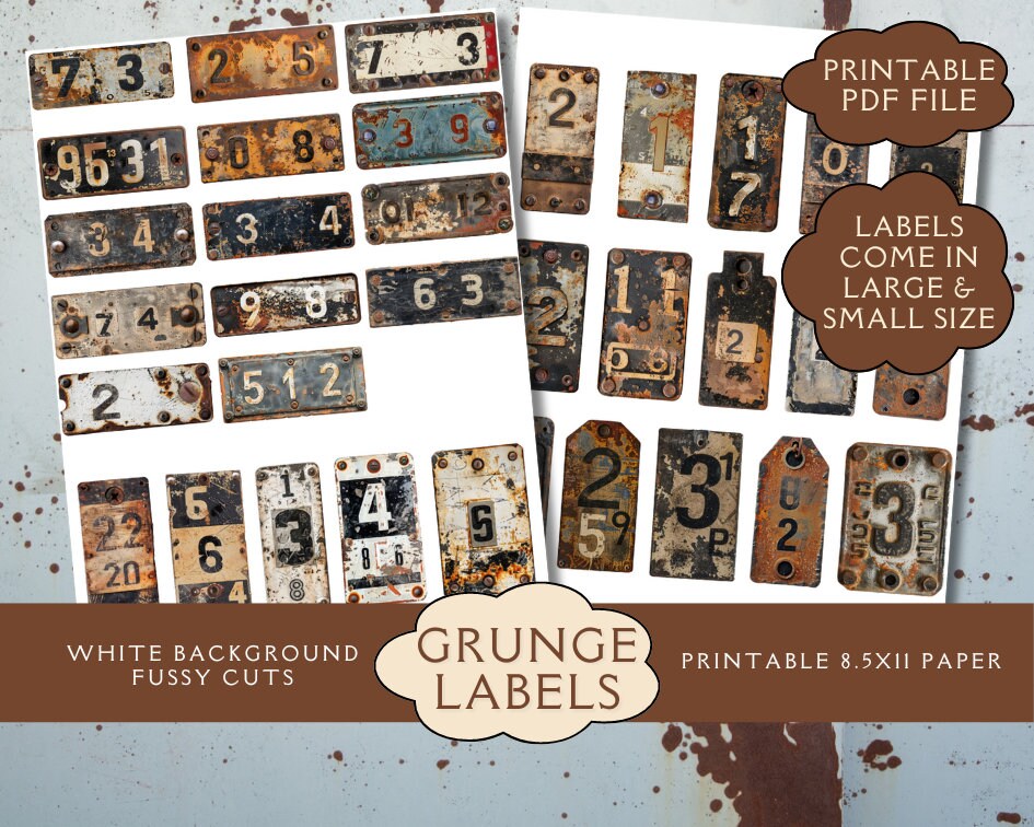 Grunge Number Junk Journal Labels. Digital Paper of Primitive Rust ...