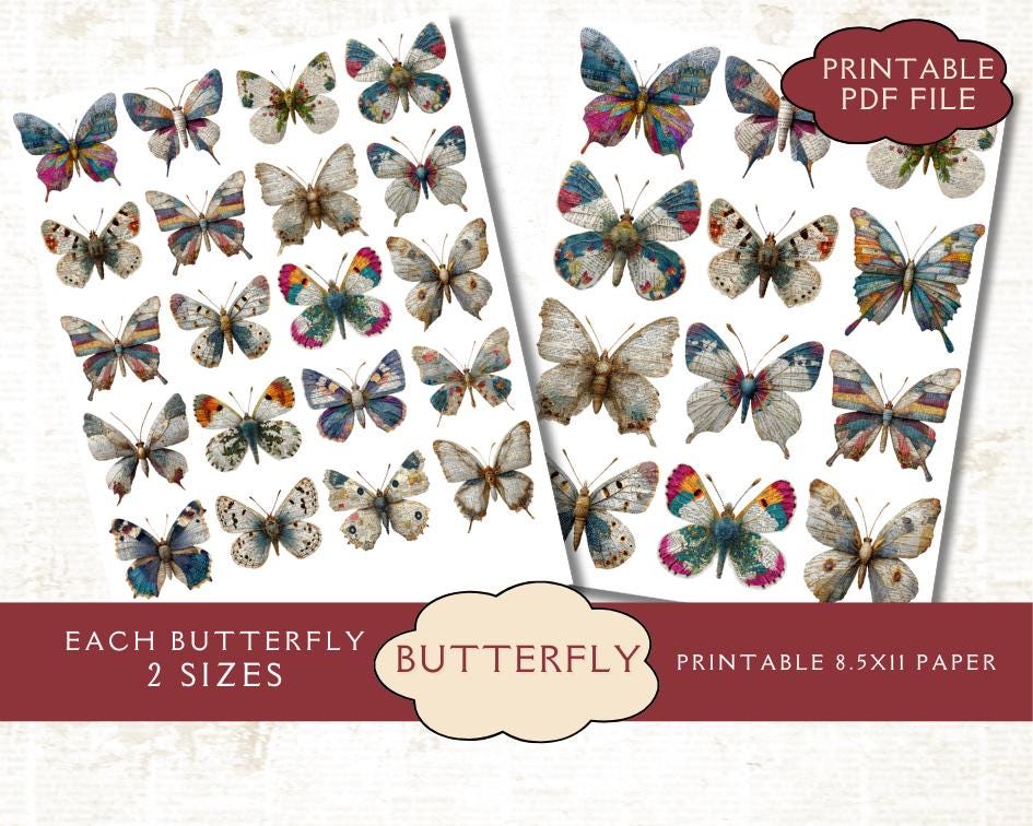 Mixed Media Butterfly Fussy Cuts for Junk Journals. Digital Paper of ...