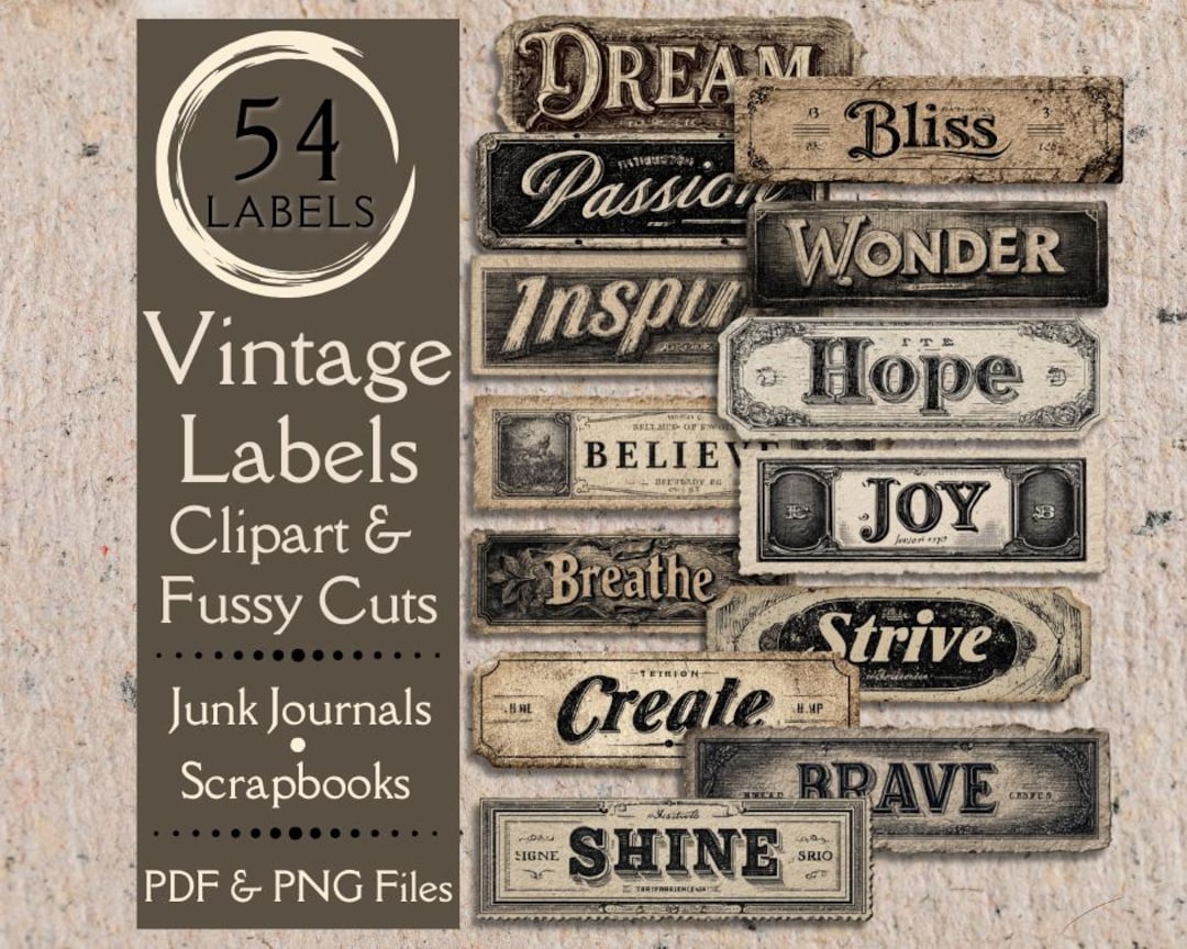 Vintage Word Label Fussy Cuts for Junk Journals. Digital Paper of Old ...
