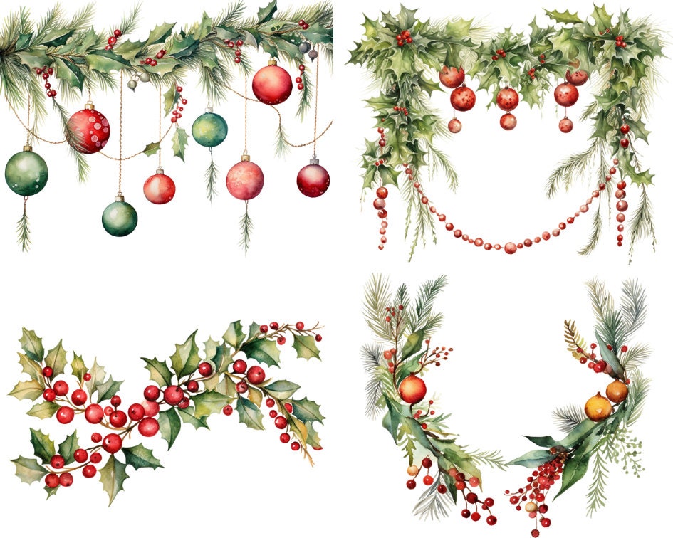 Watercolor Christmas Garland Fussy Cuts. Holiday Banner or Bunting ...
