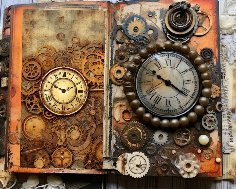 Steampunk Clocks and Gears Junk Journal Paper. Steampunk Digital Paper ...