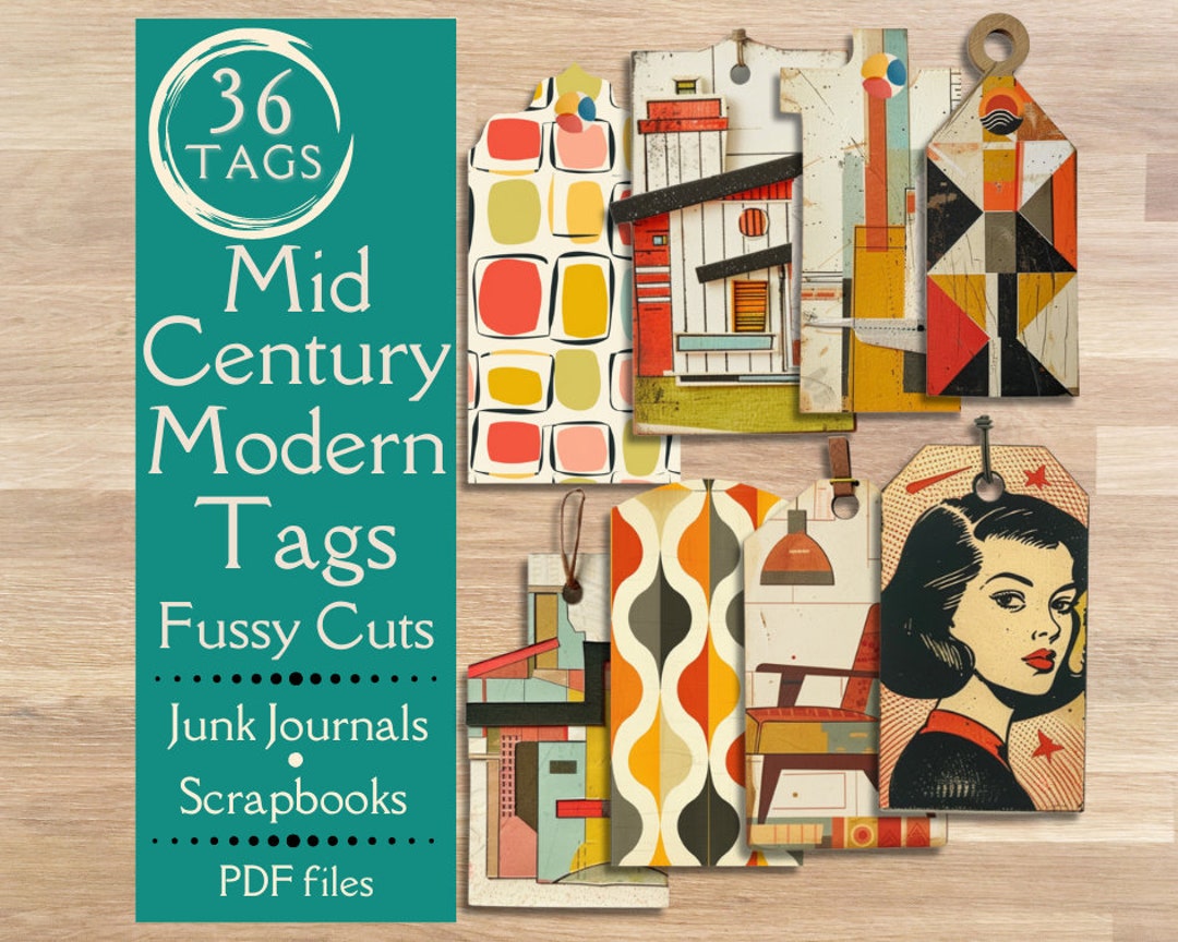 Mid Century Modern Tags for Junk Journals. Digital Paper of 1950s Retro ...