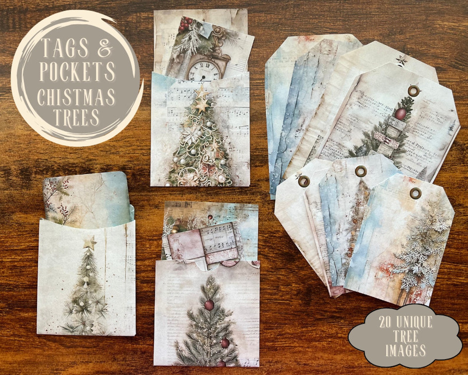Christmas Tree Junk Journal Tags and Pockets. Digital Paper of Vintage ...