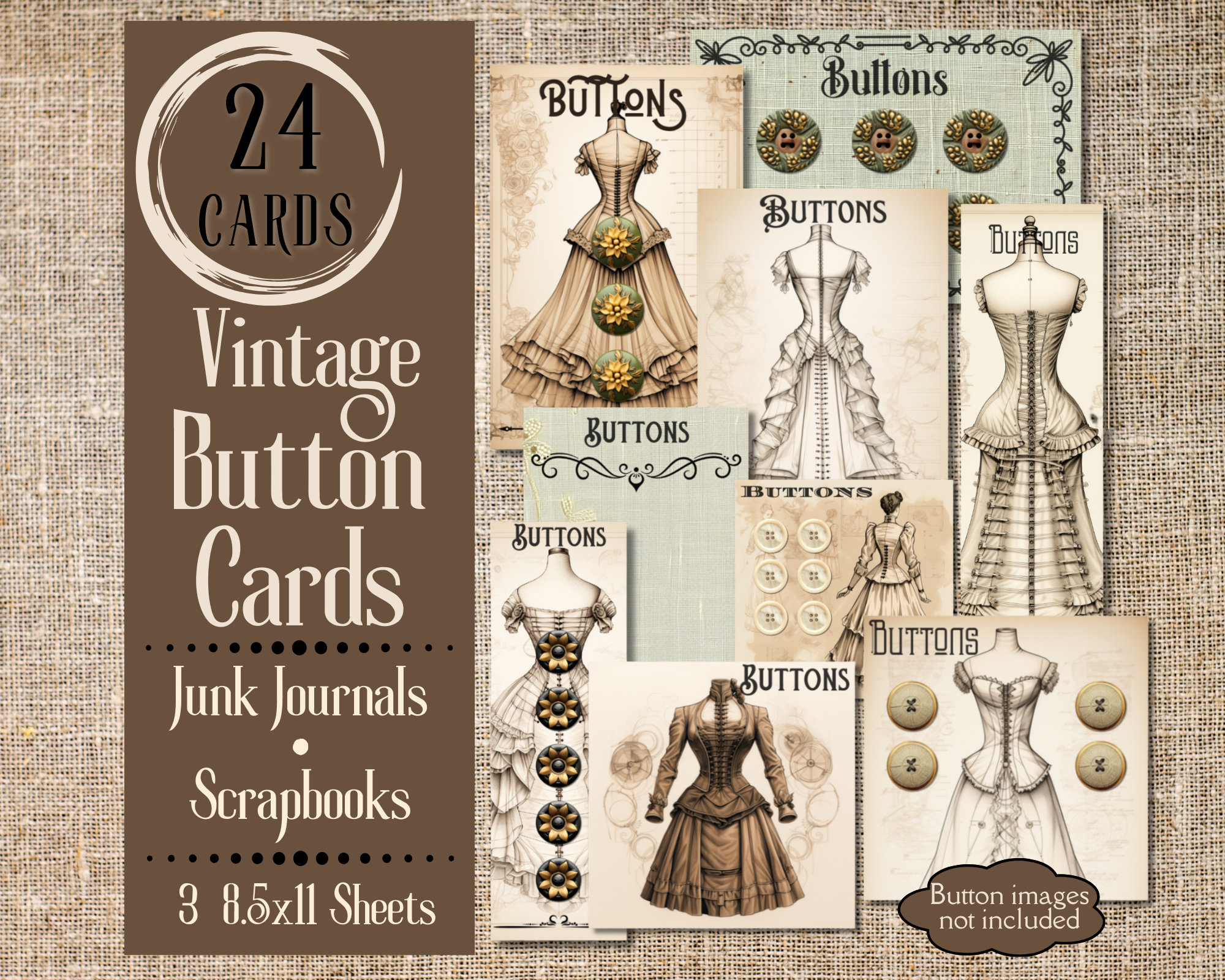 Vintage Button Cards Junk Journal Ephemera. Digital Paper of Victorian ...