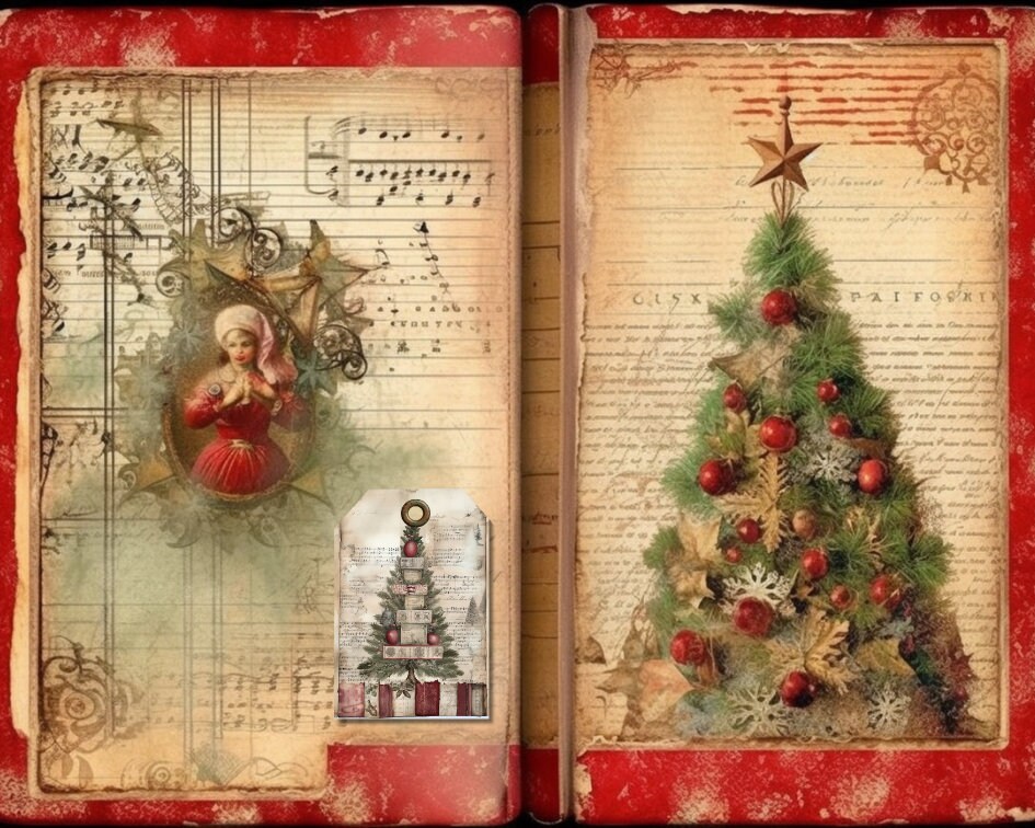 Christmas Tree Junk Journal Tags and Pockets. Digital Paper of Vintage ...
