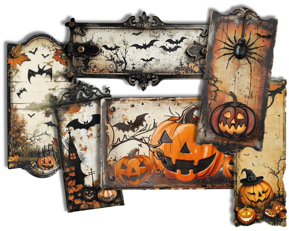 Vintage Grunge Halloween Labels Clipart for Junk Journals. Digital ...