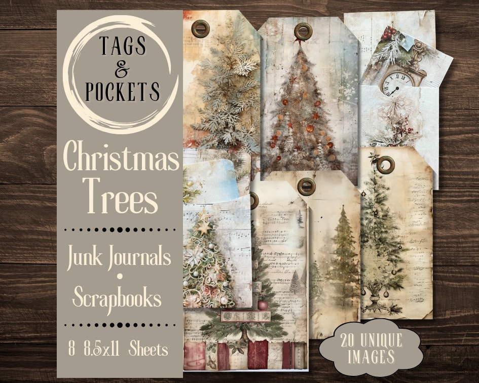 Christmas Tree Junk Journal Tags and Pockets. Digital Paper of Vintage ...