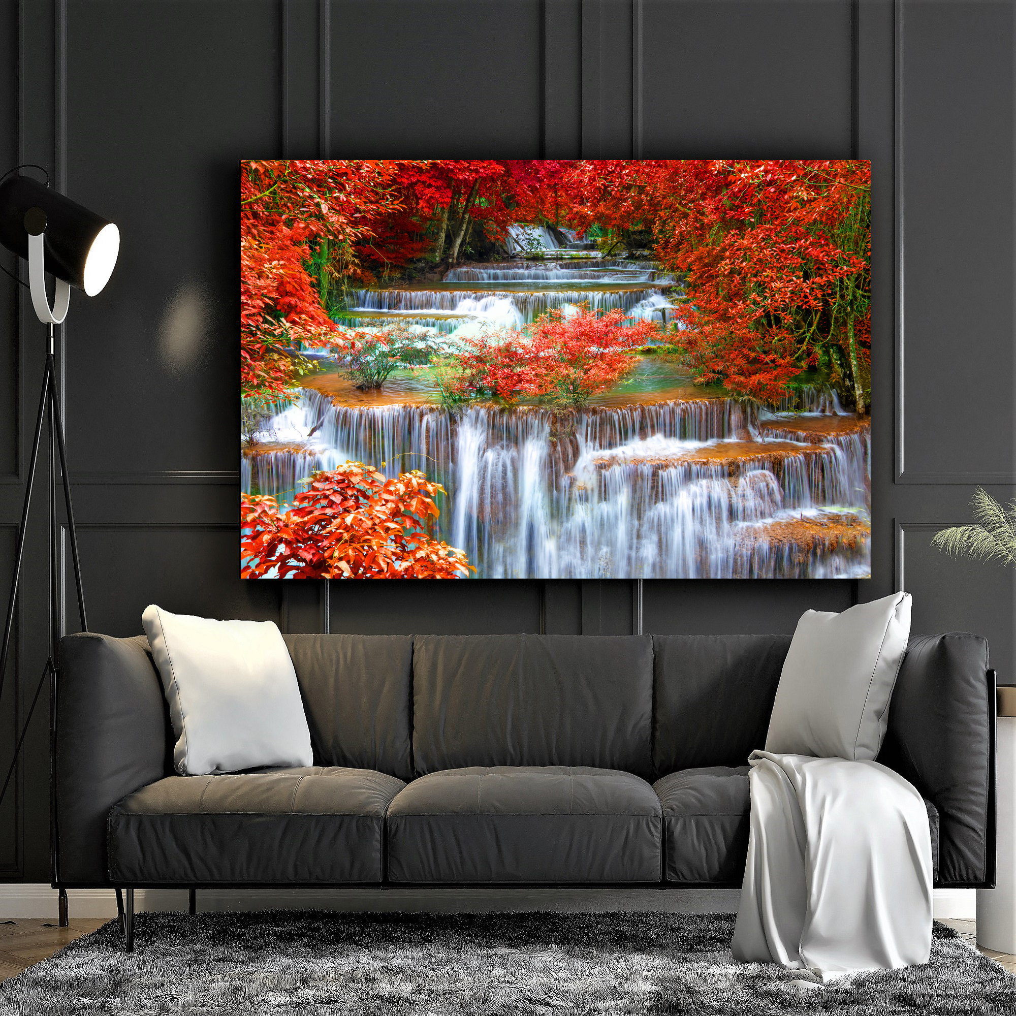 Fall Landscape Painting, Forest Waterfall Canvas Wall Art, Exotic ...