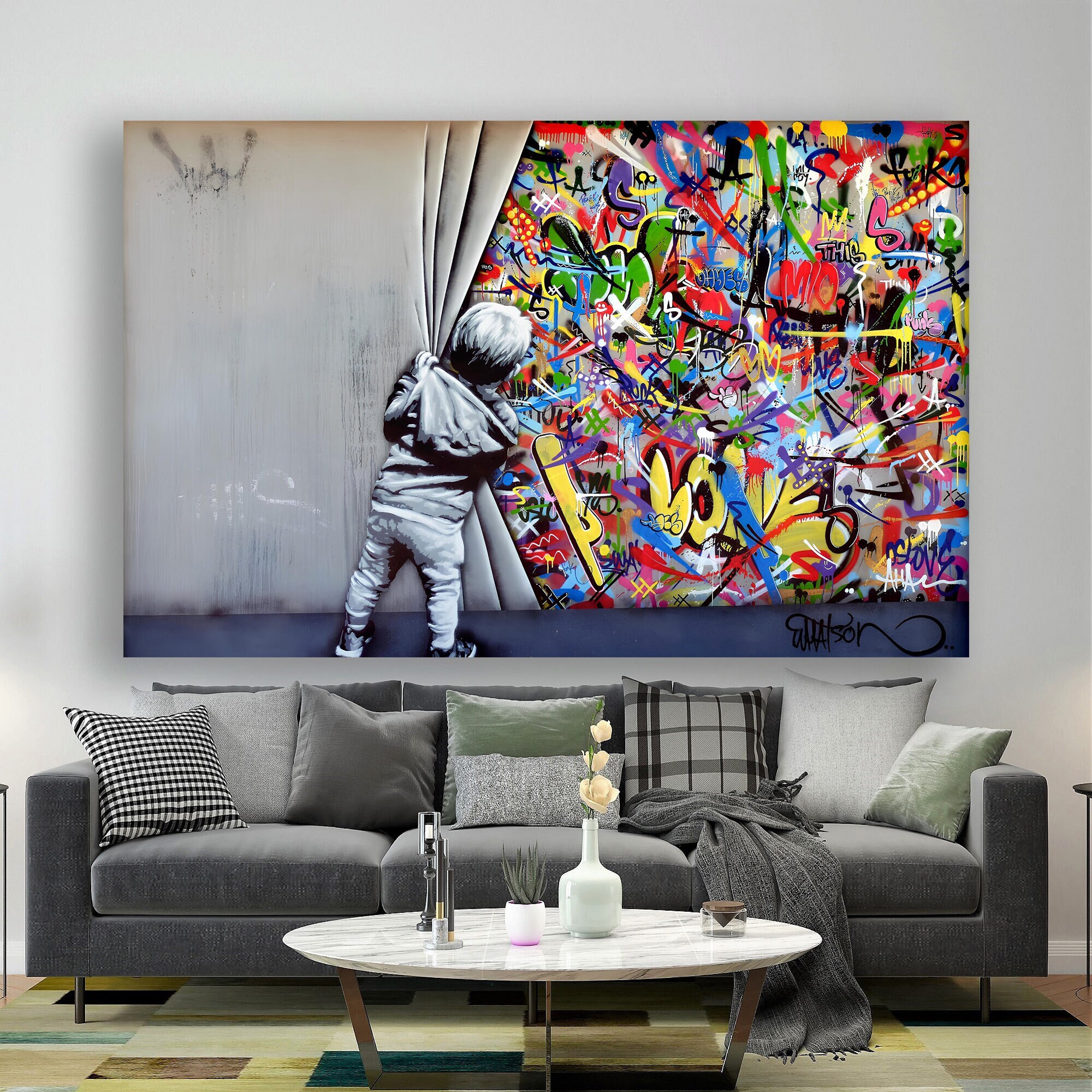 Kid Graffiti Wall Art Behind the Curtain Banksy Wall Art - Etsy