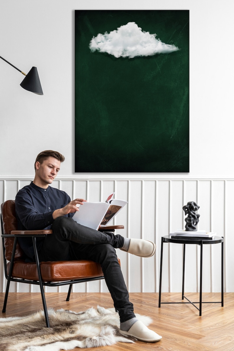 Minimalist Cloud, Wall Art Canvas, Emerald Green Wall Art, Dark Green ...