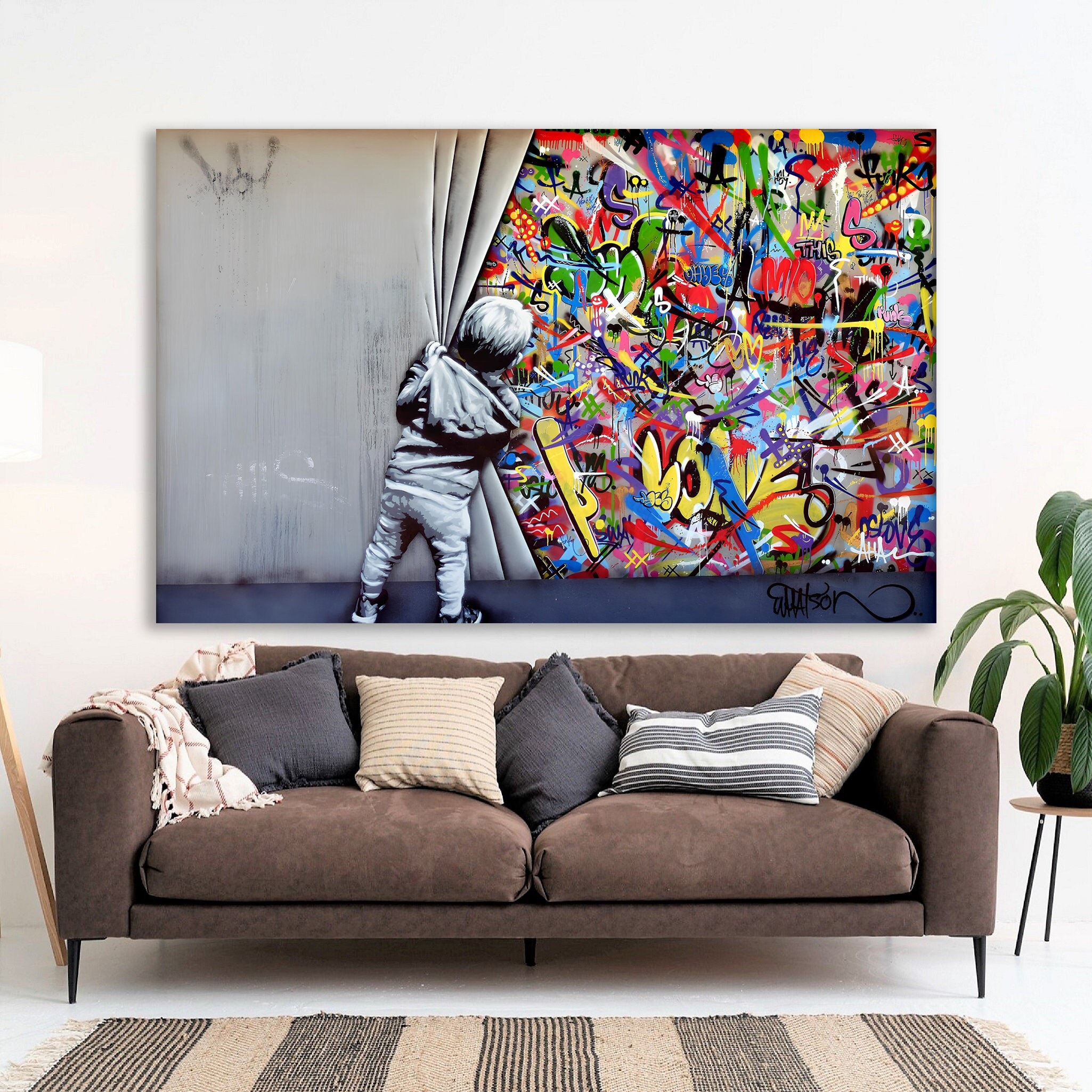 Kid Graffiti Wall Art Behind the Curtain Banksy Wall Art - Etsy