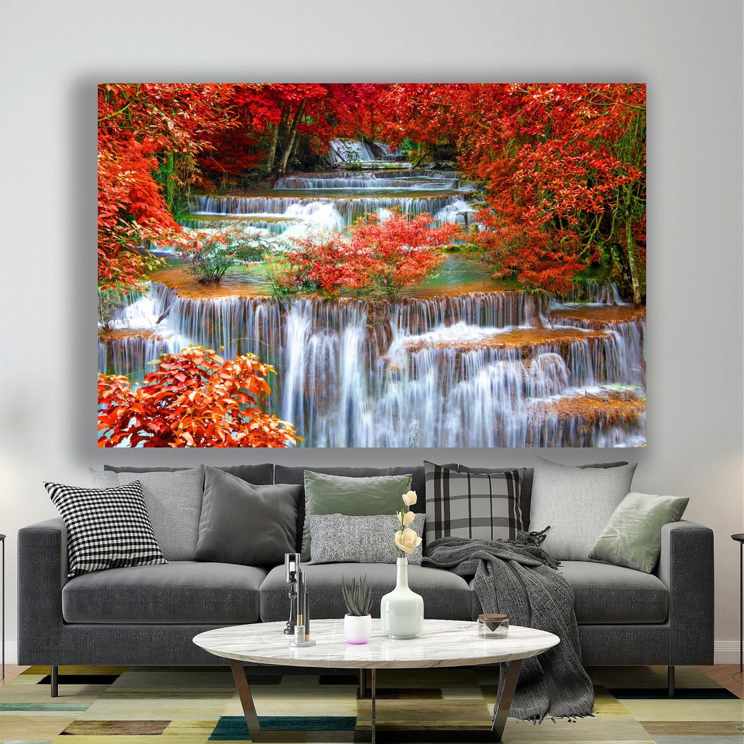Fall Landscape Painting, Forest Waterfall Canvas Wall Art, Exotic ...