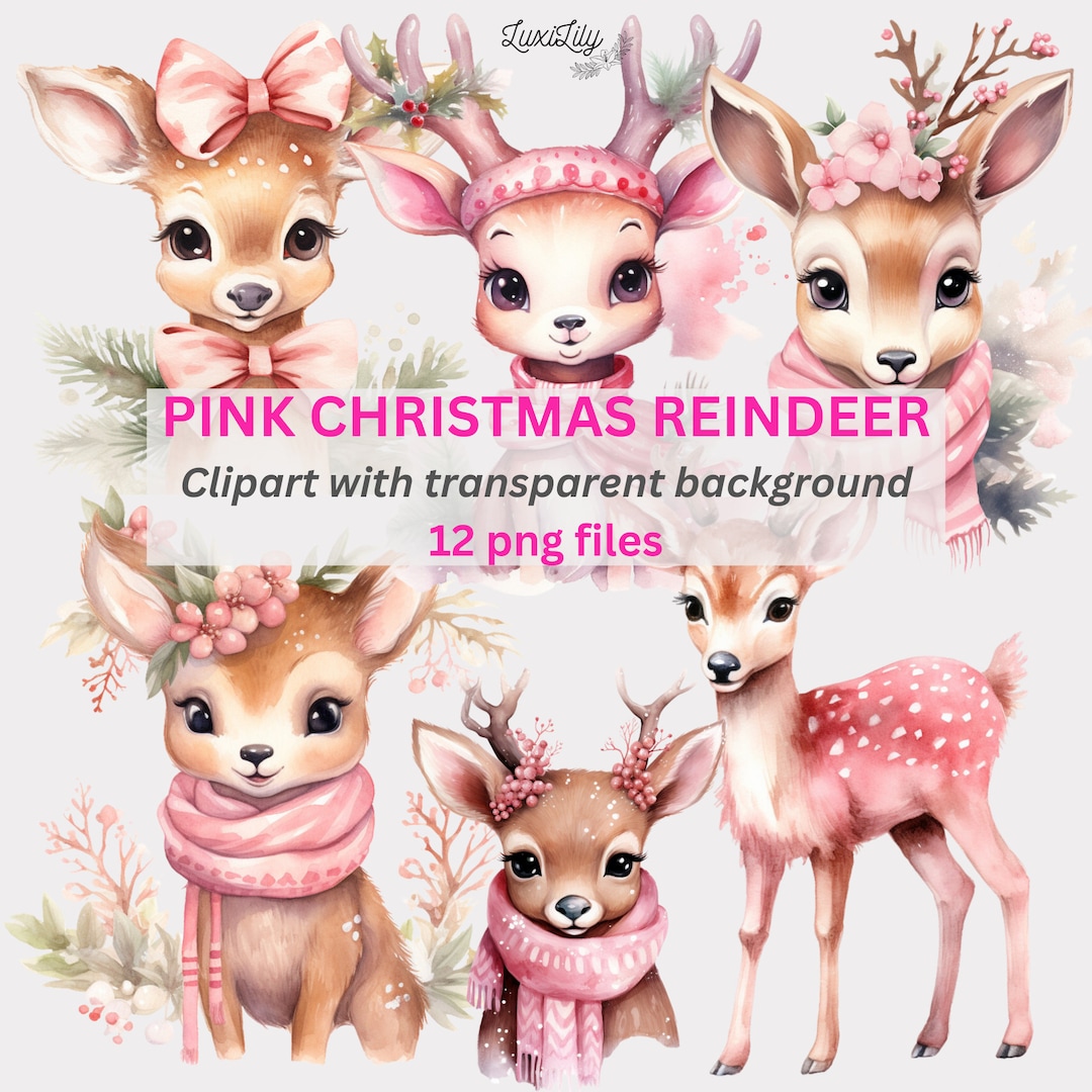 Cute Pink Christmas Reindeer Clipart, Pink Watercolor Christmas, Girly ...