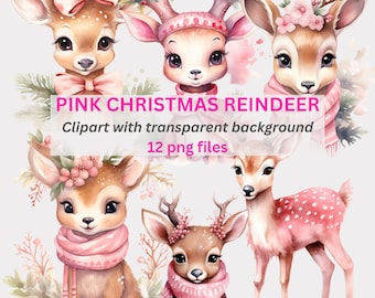 Cute Pink Christmas Reindeer Clipart Pink Watercolor Christmas Girly ...