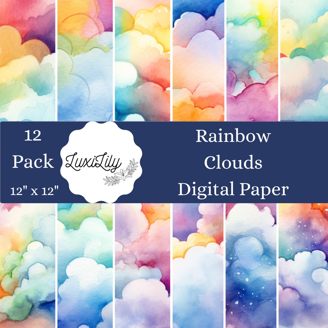 Rainbow Digital Paper Rainbow Clouds Designs Watercolor Rainbow ...