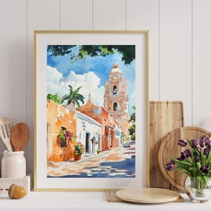 Merida Mexico Watercolor Print: Yucatan Streetscape Art, Mexican Decor ...