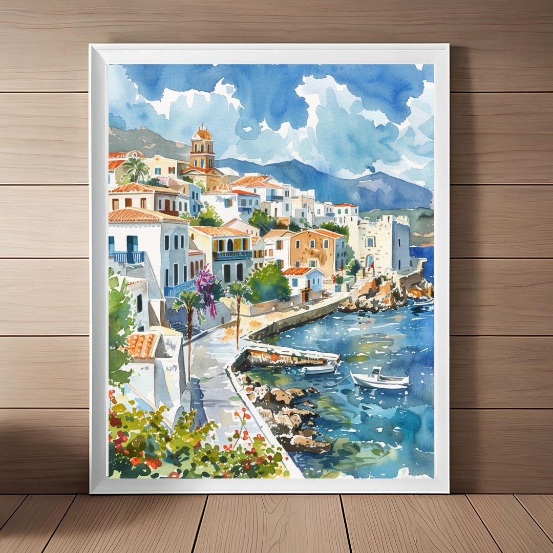 Crete Greece Print, Greek Watercolor Seascape Painting, Island Wall Art ...