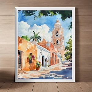 Merida Mexico Watercolor Print: Yucatan Streetscape Art, Mexican Decor ...