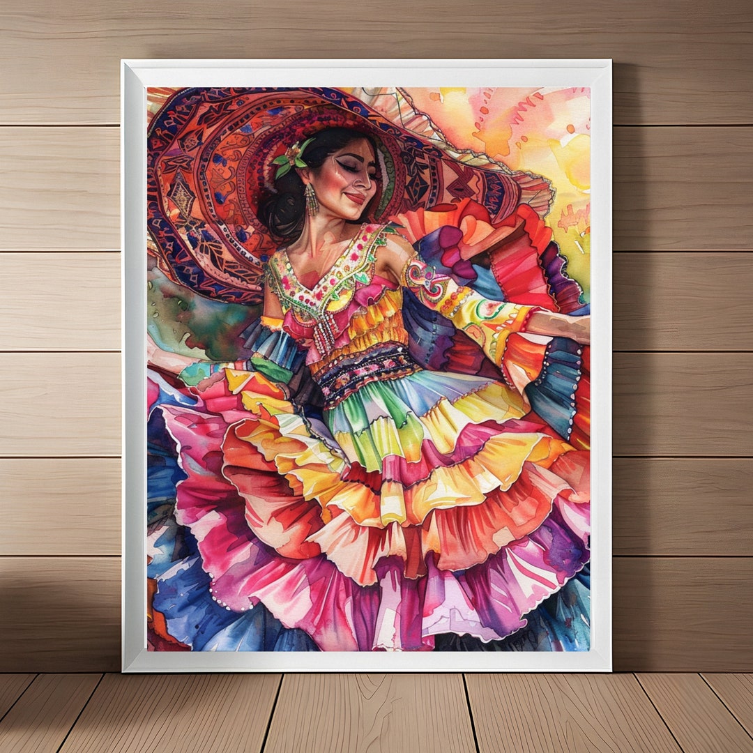 Mexican Folk Art Print: Woman Dancing, Colorful Watercolor (digital ...