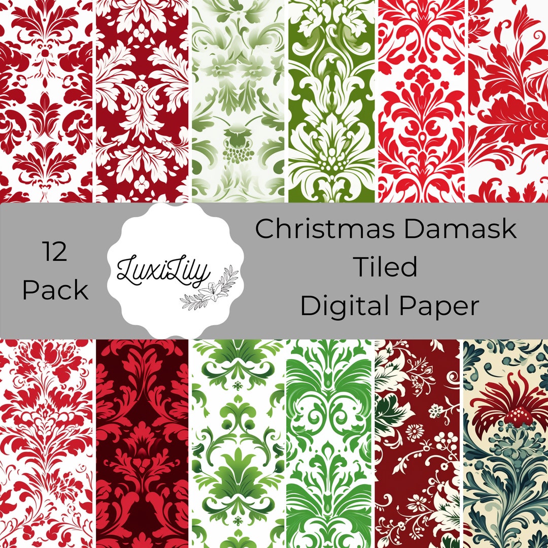 Christmas Damask Digital Paper, Christmas Red Green Damask Digital ...