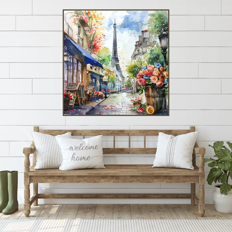 Paris Street Scene Watercolor Art Print: Eiffel Tower, Spring Cityscape ...