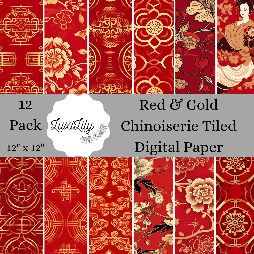 Red Gold Chinoiserie Digital Paper: Oriental Floral Patterns (digital ...