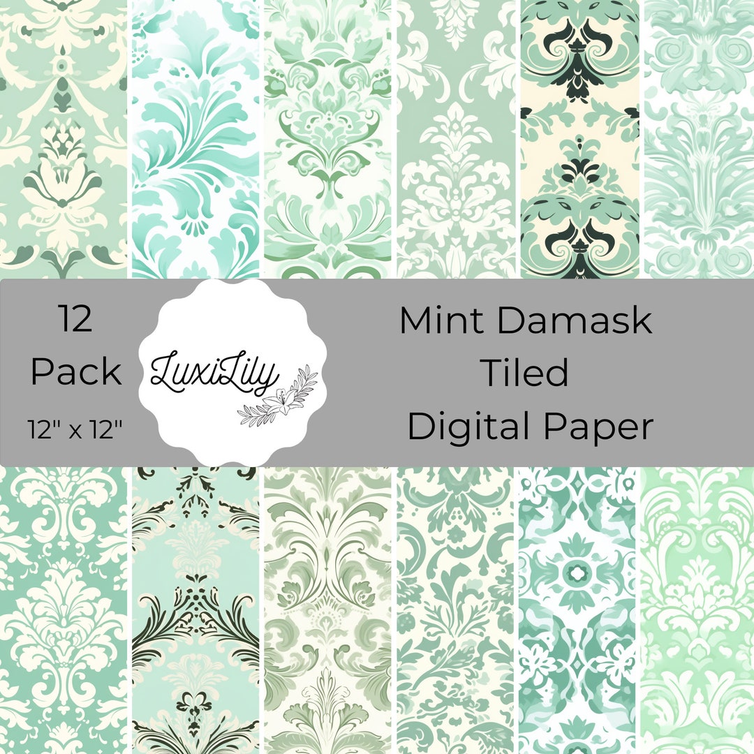 Seamless Mint Theme Digital Paper, Printable Sage Green Paper, Damask ...