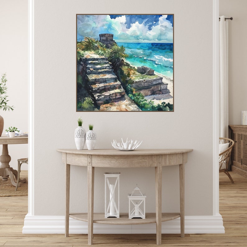 Tulum Painting Mayan Pyramids Art Print, Mexico Coastal Seascape ...