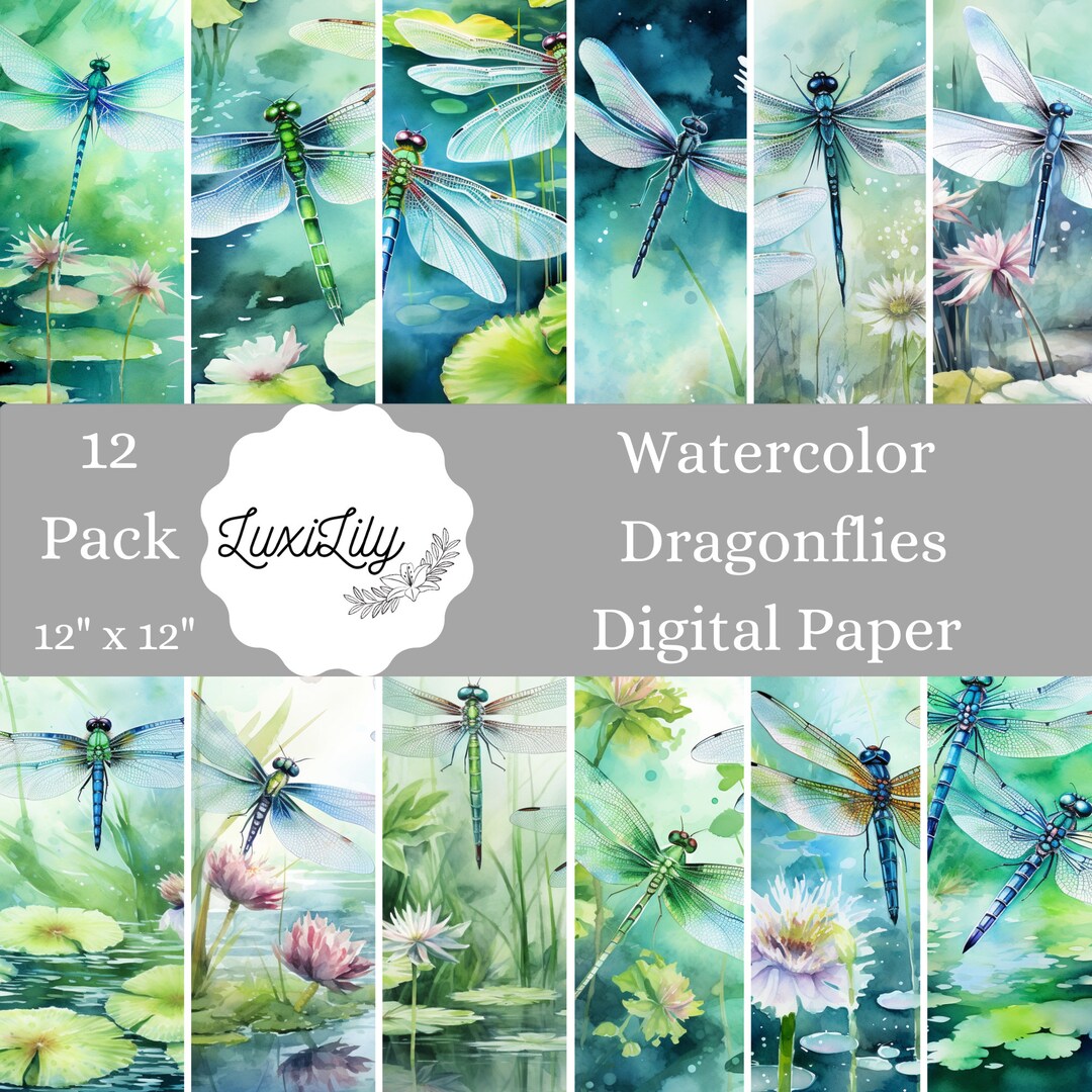 Watercolor Dragonfly Digital Paper Pack Dragonflies Scrapbook Paper ...