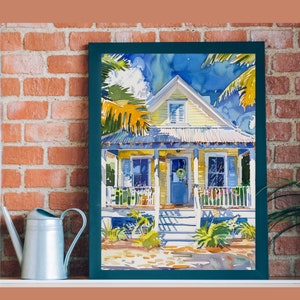 Key West Cottage Painting, Florida Keys Watercolor Art Print, Coastal ...