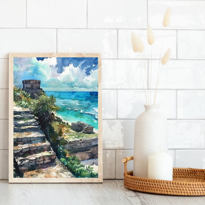 Tulum Painting Mayan Pyramids Art Print, Mexico Coastal Seascape ...