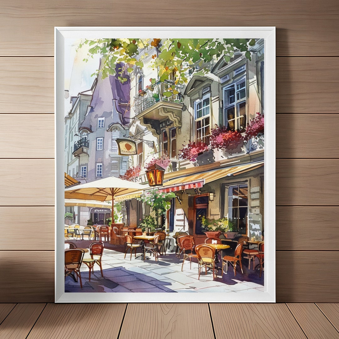 Vienna Cafe Watercolor Art Print: European Street Scene (digital ...