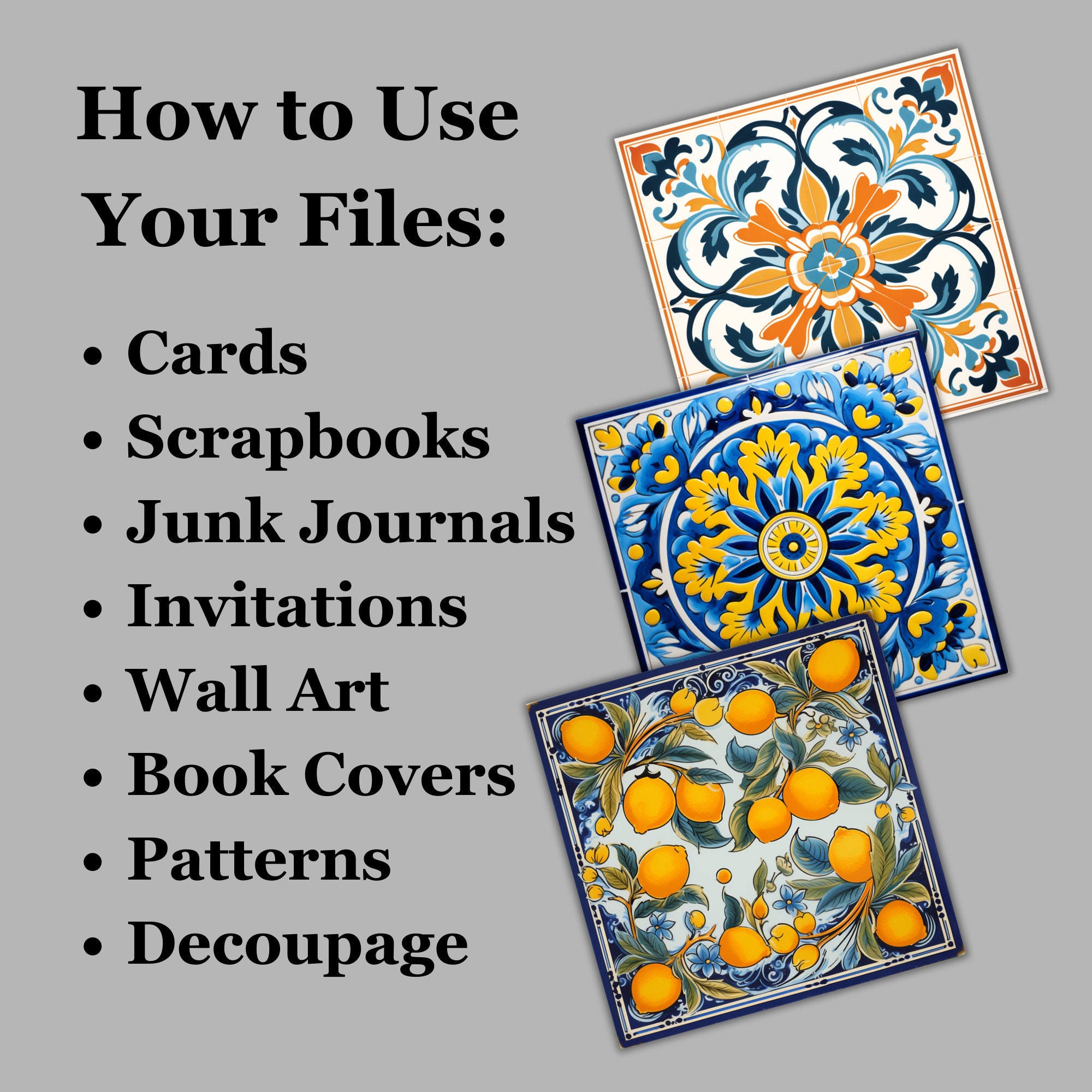 Italian Tile Digital Paper, Lemons & Mediterranean Tiles Scrapbooking ...