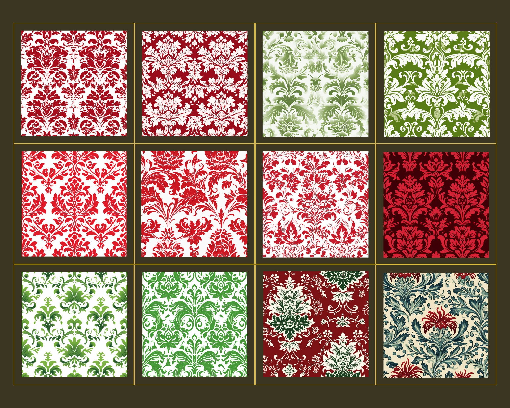 Christmas Damask Digital Paper, Christmas Red Green Damask Digital ...